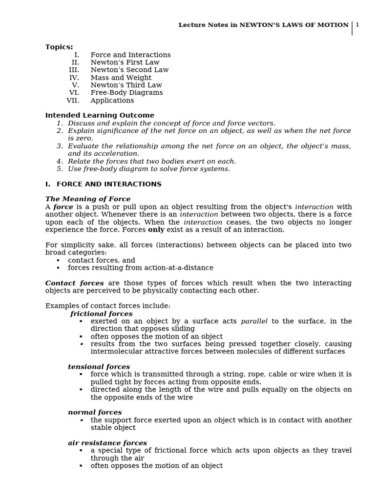 Lecture Notes 4 NEWTONS LAWS OF MOTION 2020 | PDF
