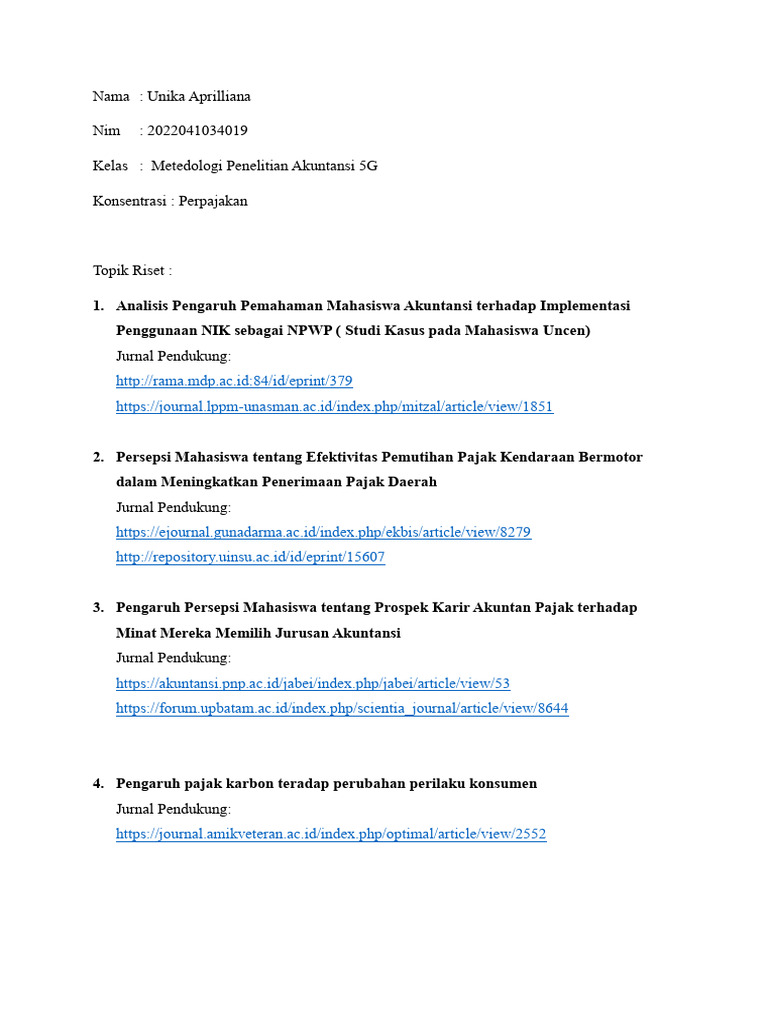 Unika Aprilliana - Judul - Topik Riset | PDF