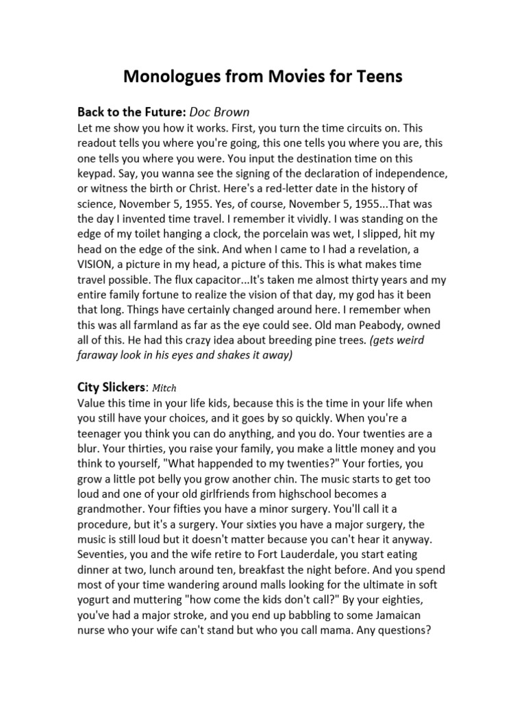 Audition Monologues From Movies For Teens | PDF