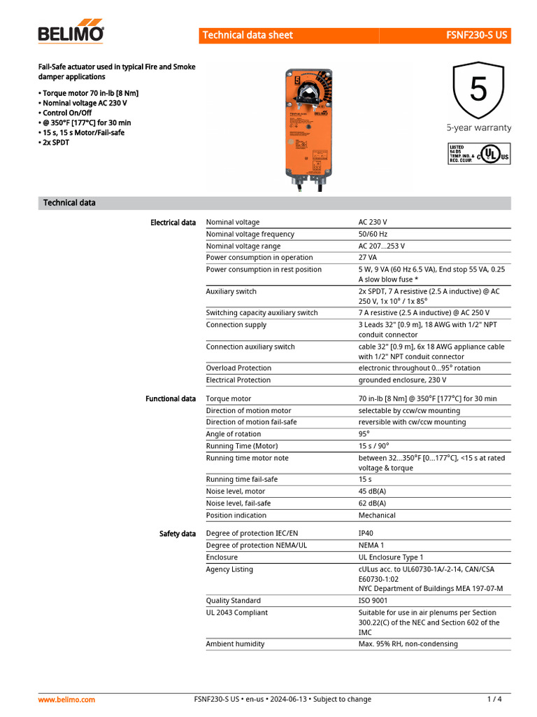 Belimo FSNF230-S US Datasheet En-Us | PDF