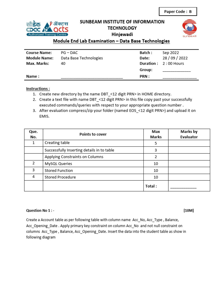 0922 DAC DBT Batch B Lab Exam Paper | PDF