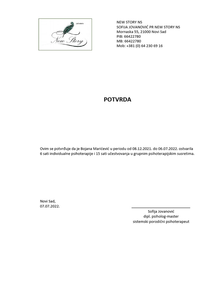 POTVRDA - Sofija Jovanović - Bojana Marićević | PDF