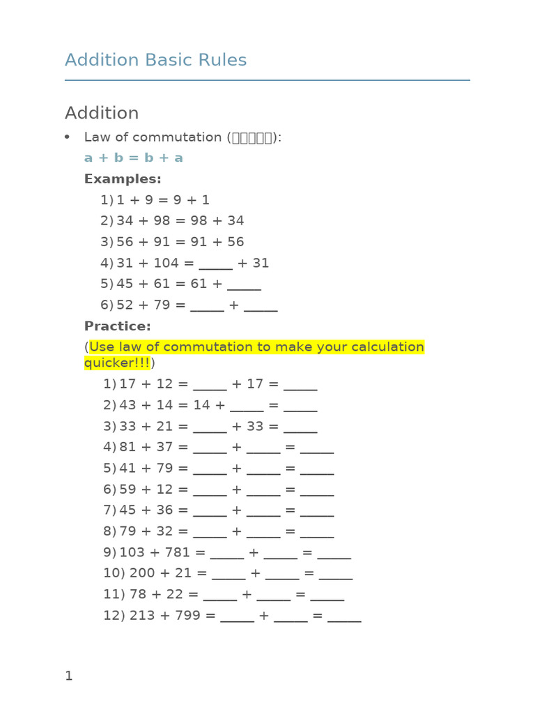 Addition Basic Rules | PDF