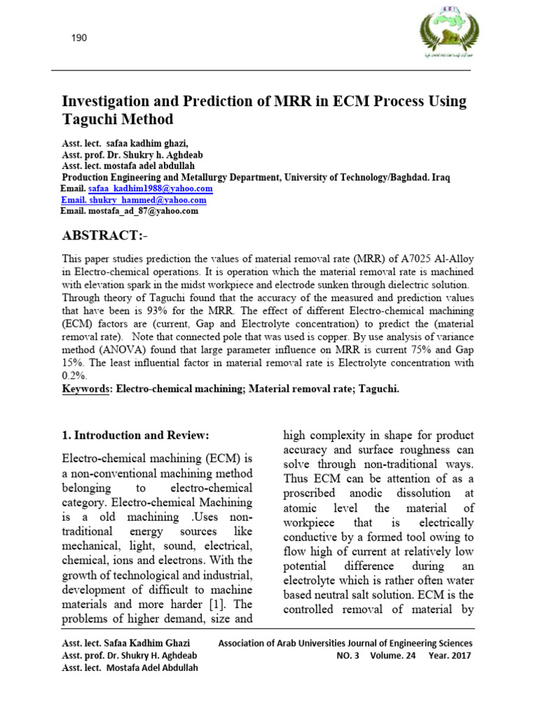 Investigation and Prediction of MRR in ECM Process Using Taguchi Method | PDF