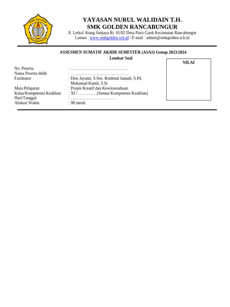 Format Soal ASAS GENAP PKK 2023-2024 | PDF