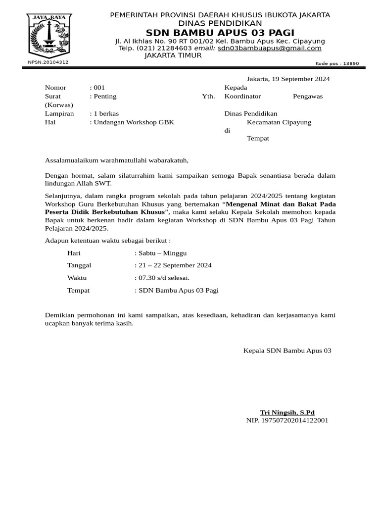 Surat Undangan Ke Pengawas Kec. Cipayung | PDF