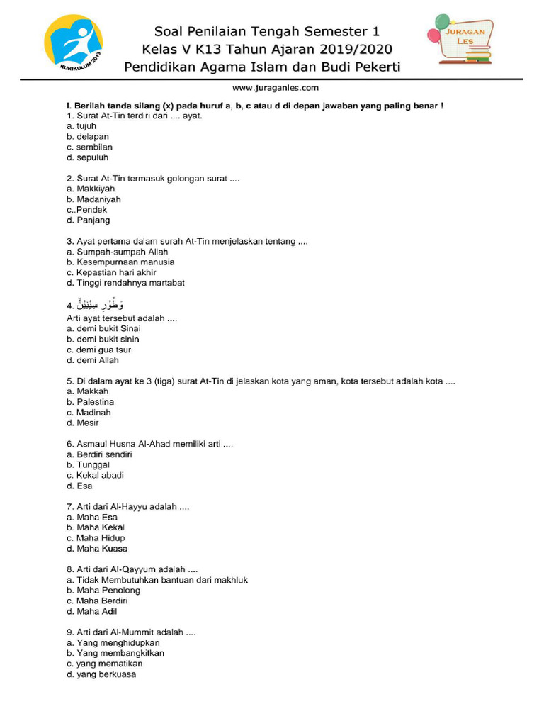 Soal PTS Pendidikan Agama Islam Kelas 5 Semester 1 2019 2020 | PDF