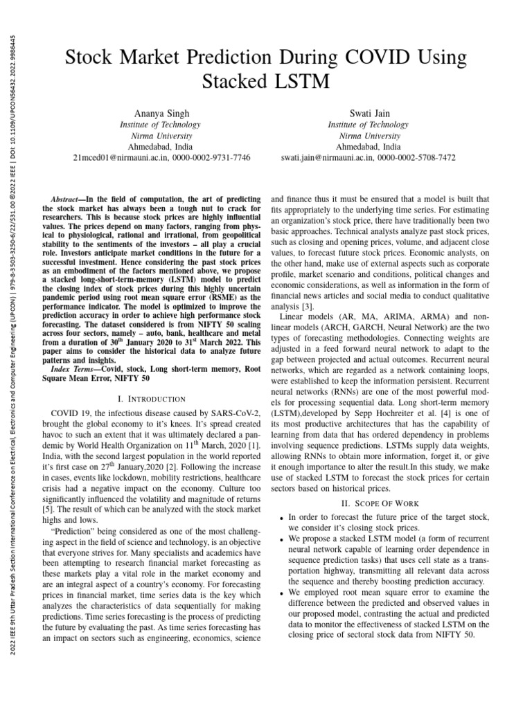 Stock Market Prediction During COVID Using Stacked LSTM | PDF