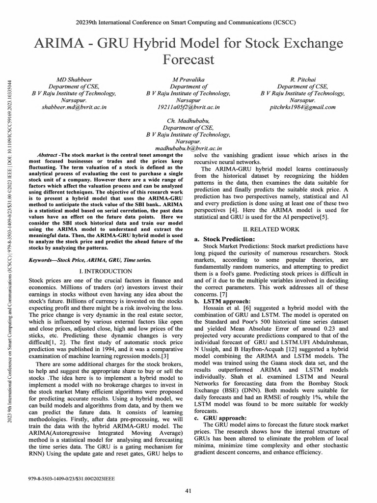 ARIMA - GRU Hybrid Model For Stock Exchange Forecast | PDF