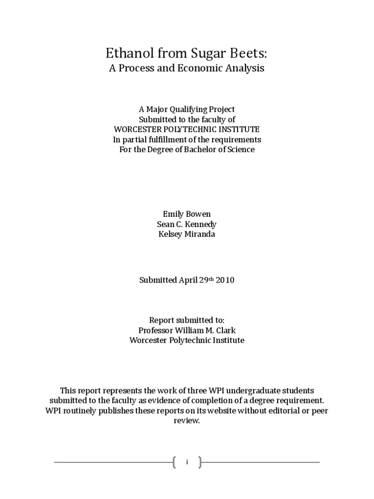Ethanol From Sugar Beets - A Process and Economic Analysis | PDF ...