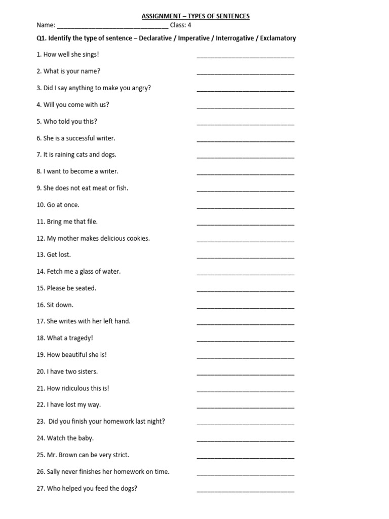 Assignment - Types of Sentences | PDF | Sentence (Linguistics) | Question