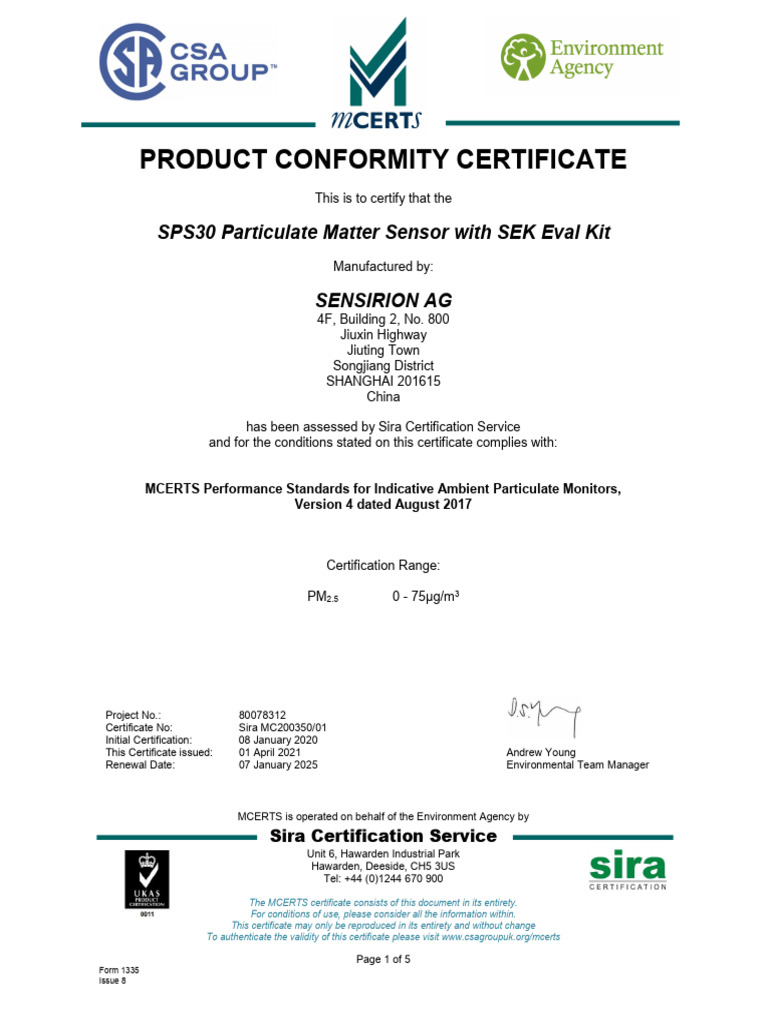 Sensirion PM Sensors Datasheet SPS30 MCERTS-Certificate 2020 | PDF Sensirion PM Sensors Datasheet SPS30 MCERTS-Certificate 2020 | PDF
