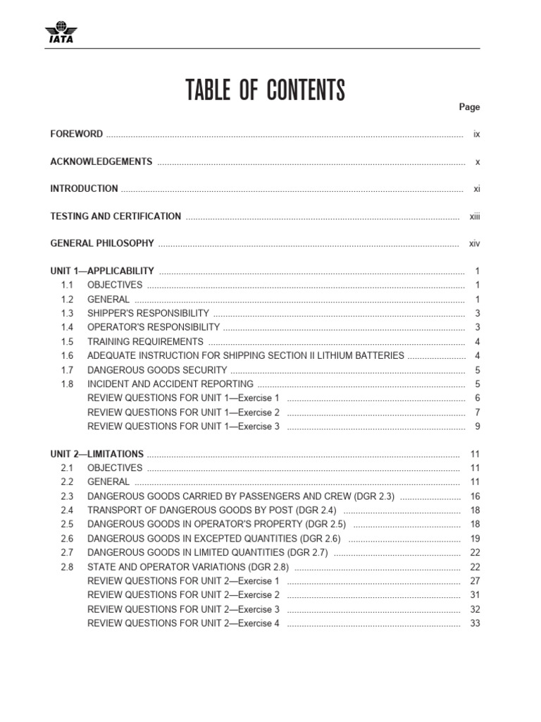 Dangerous Goods Training Programme—Workbook 1 Table of Contents | PDF
