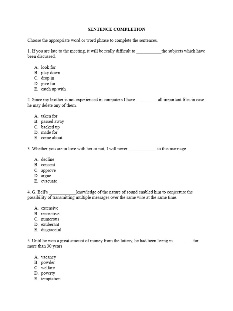 Sentence Completion Exercise Single - Double - New Updated | PDF