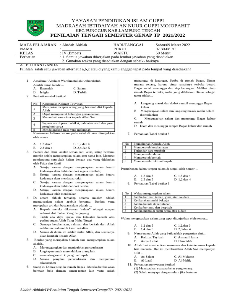 Soal PTS AA 4 | PDF | Quran | Islam
