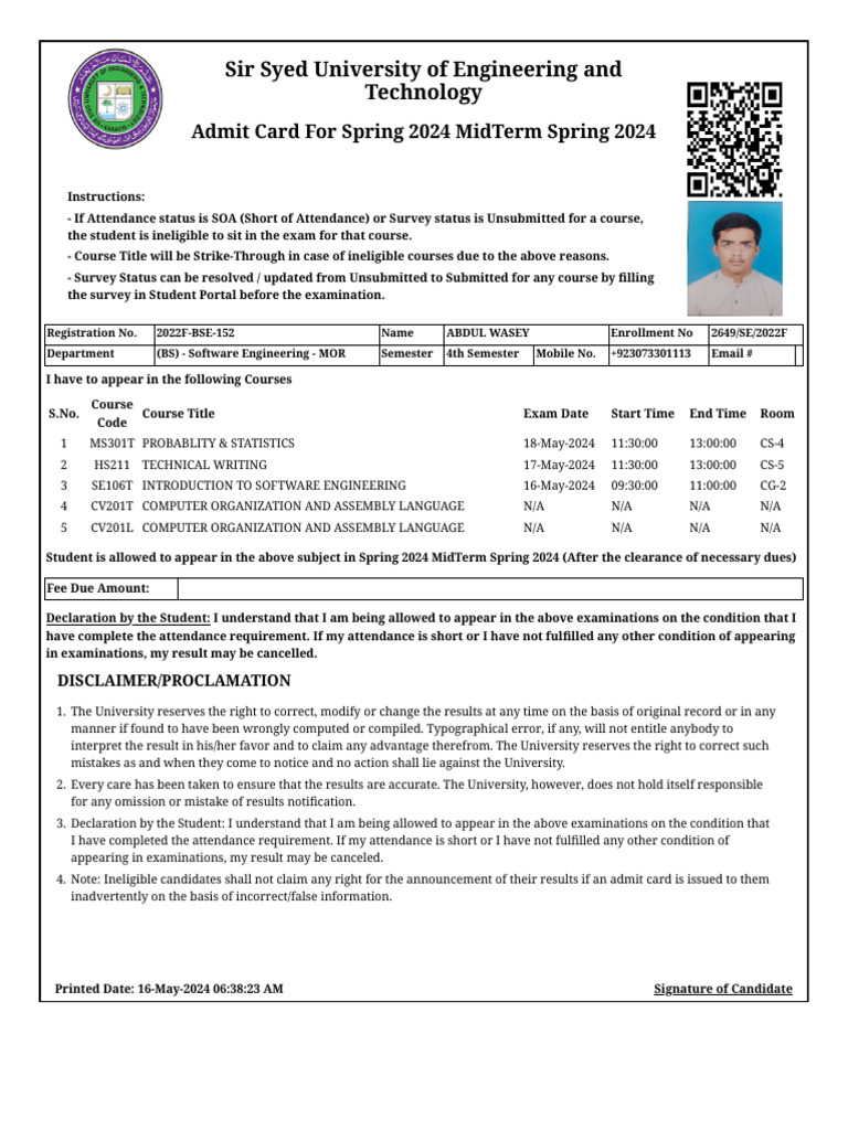 Sir Syed University of Engineering and Technology: Admit Card For Spring 2024 Midterm Spring ...