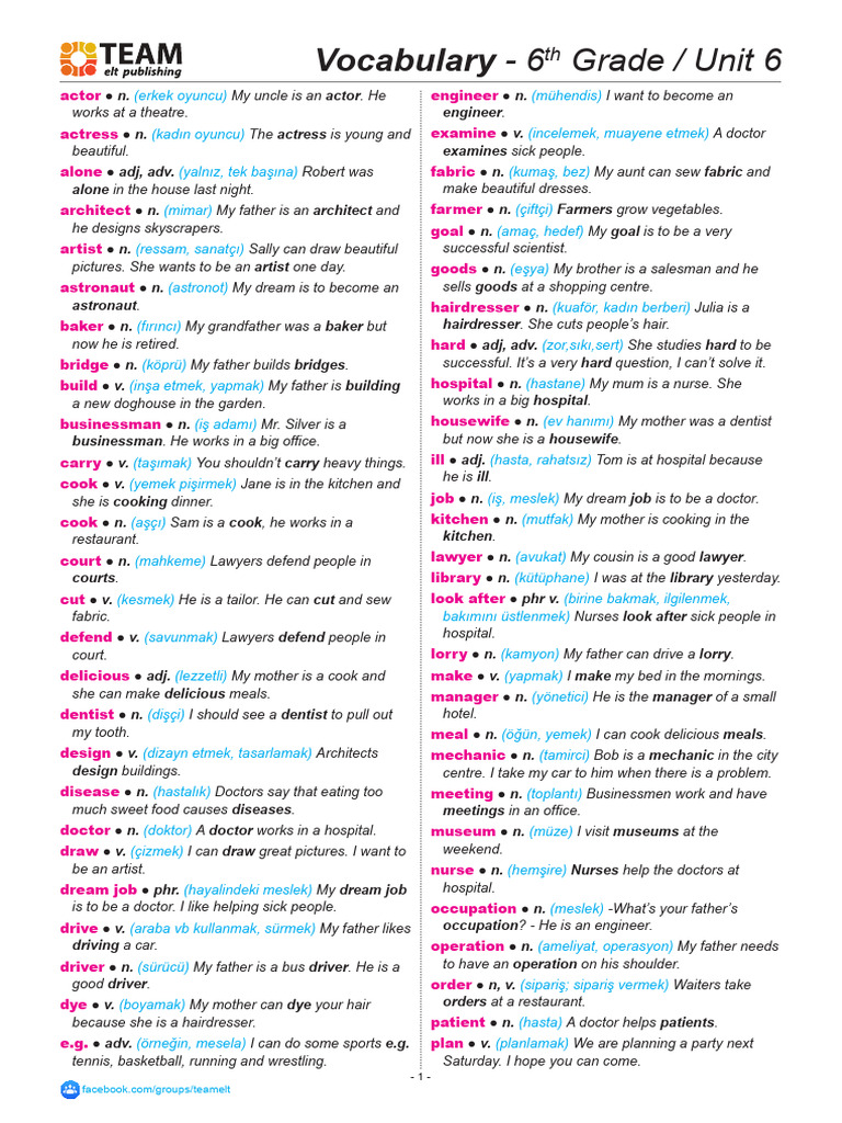 6CLASS Vocabulary List Unit6 | PDF