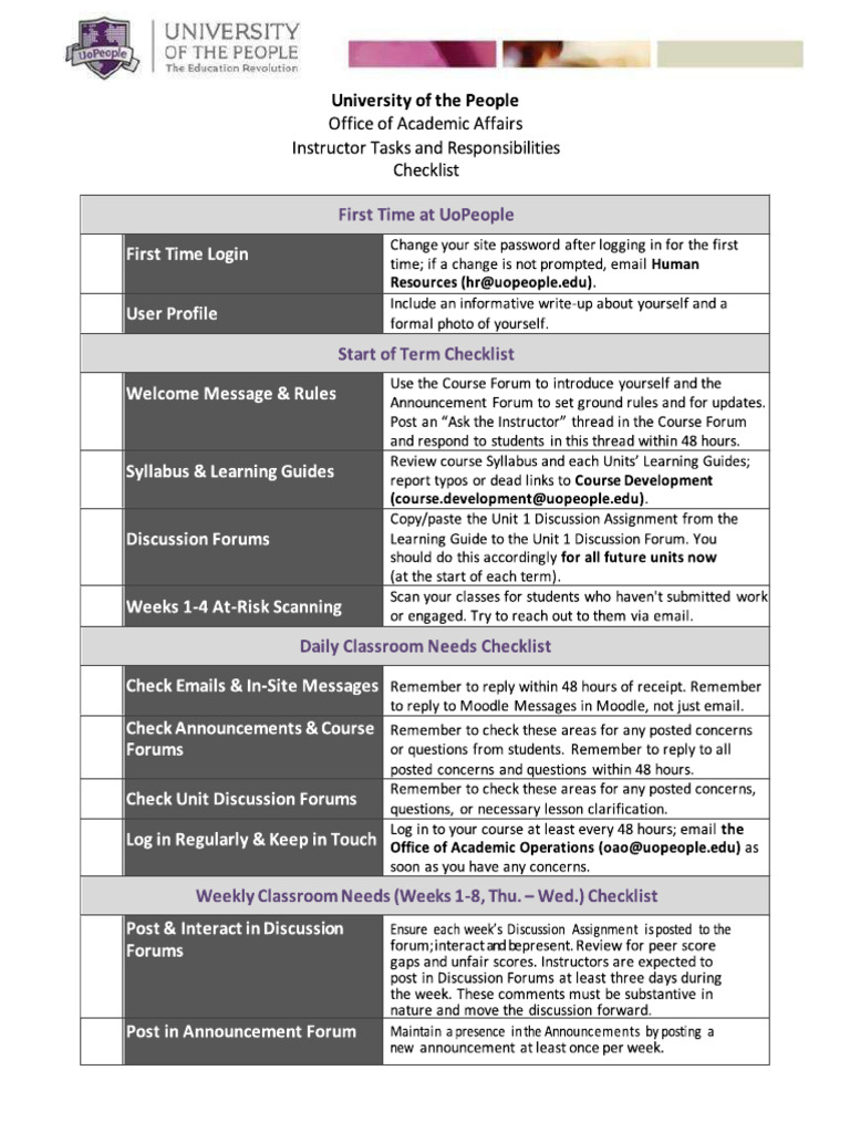Instructor Tasks and Responsibilities Checklist November 2022 | PDF