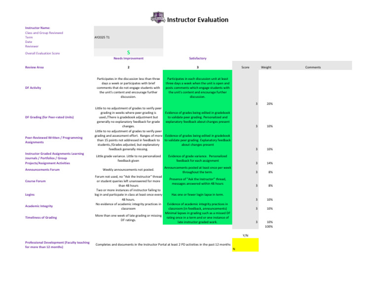 New Instructor Evaluation Form AY2025 | PDF