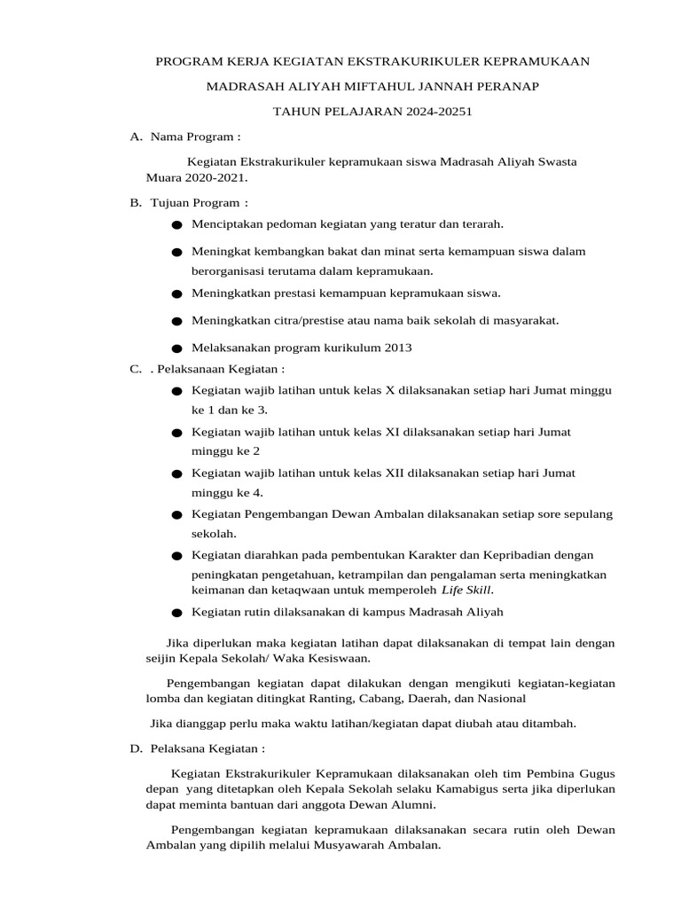 Program Kerja Kegiatan Ekstrakulikuler Pramuka | PDF