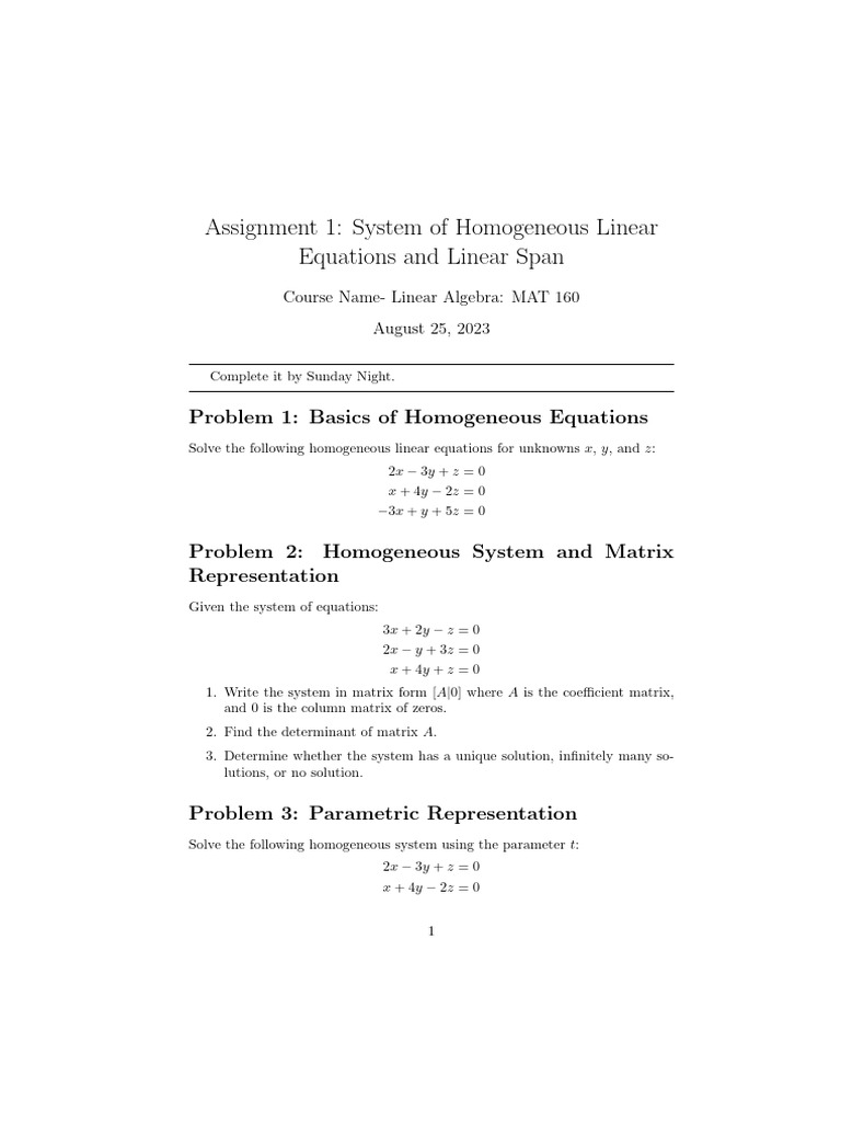 Monsoon 2023 Linear Algebra Assignment 1 | PDF