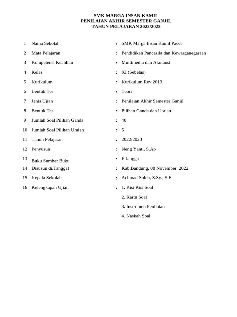 Kisi Kisi Dan Kartu Soal PPKN Kelas Xi Done Lengkap | PDF