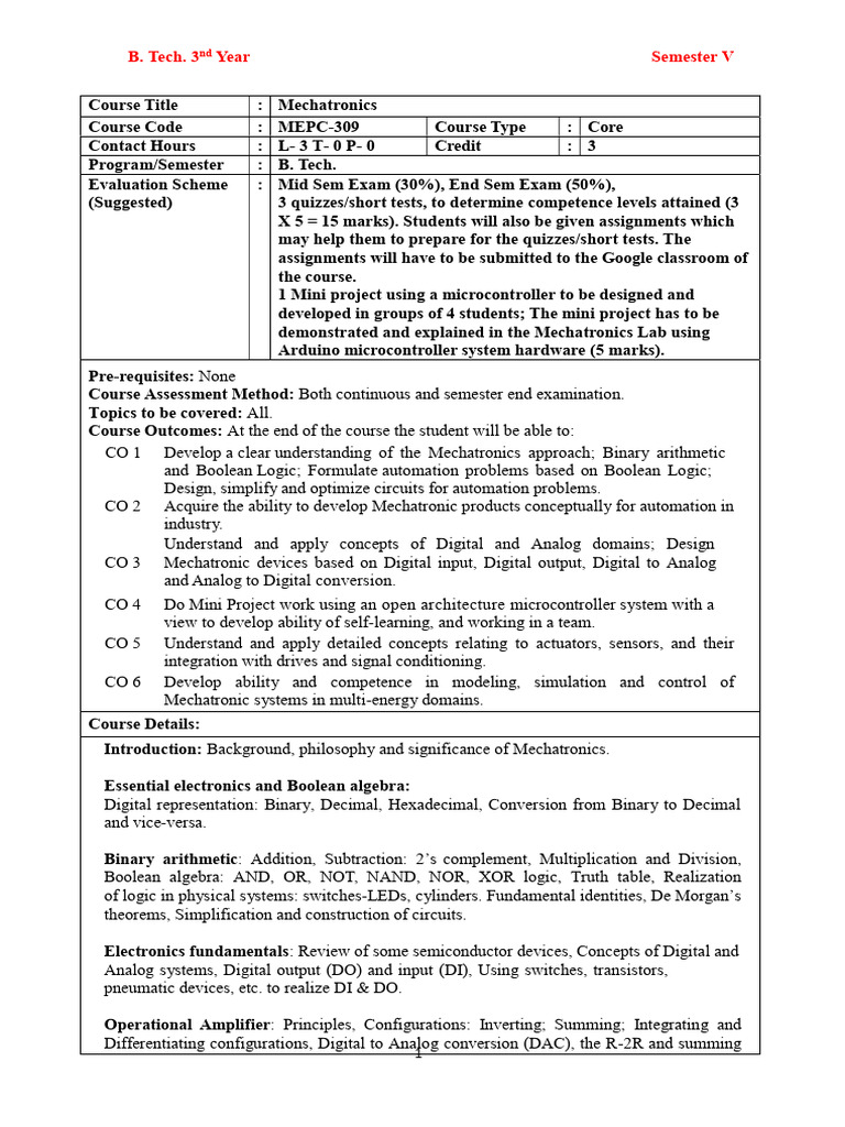 Syllabus MEPC-309 Mechatronics For BTech ME V Sem, Jul - Dec 2024 | PDF
