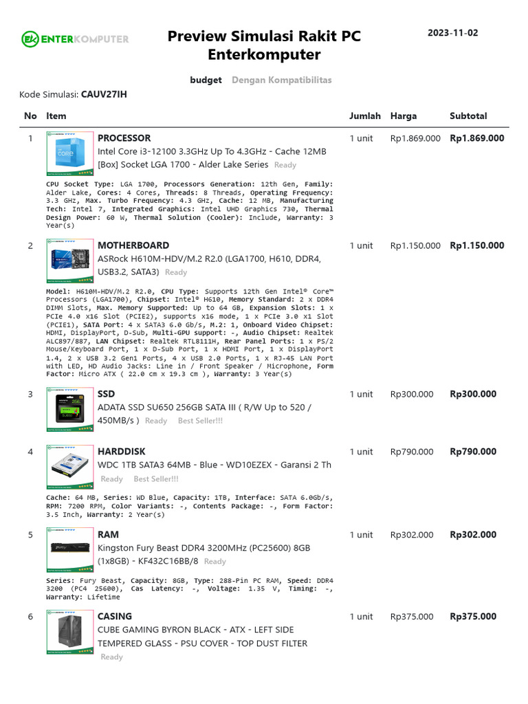 Simulasi - Budget - Enterkomputer Jual Beli Online Komputer, Rakit PC ...