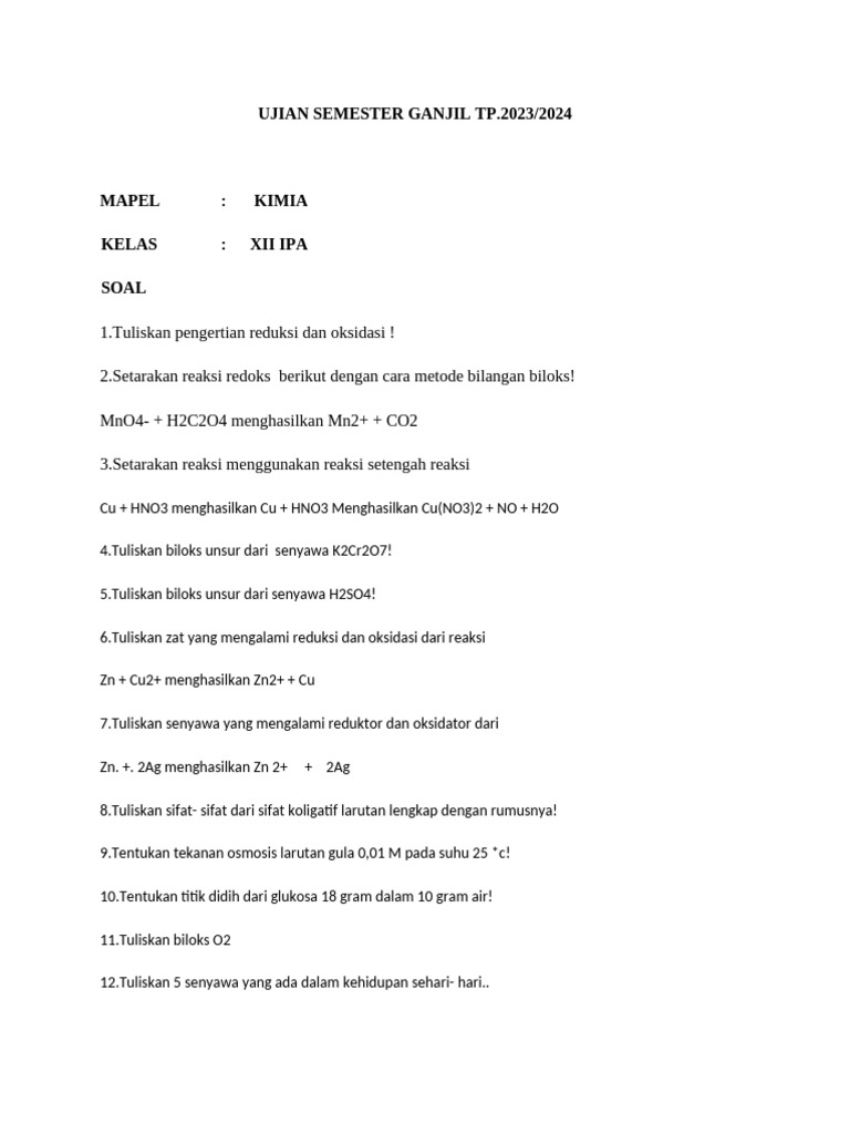 Soal Ujian Kimia Kls Xii 2023 | PDF