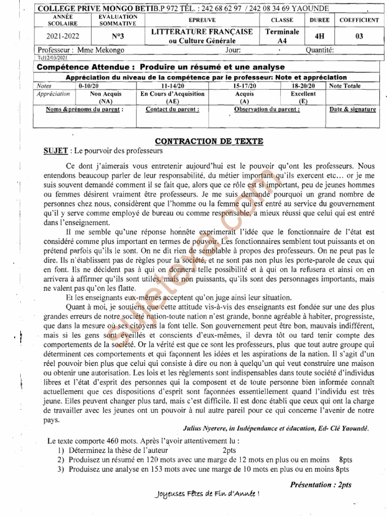 Coll Mongo Beti TA Littérature Seq3 2021-2022 Sujetexa - Com | PDF