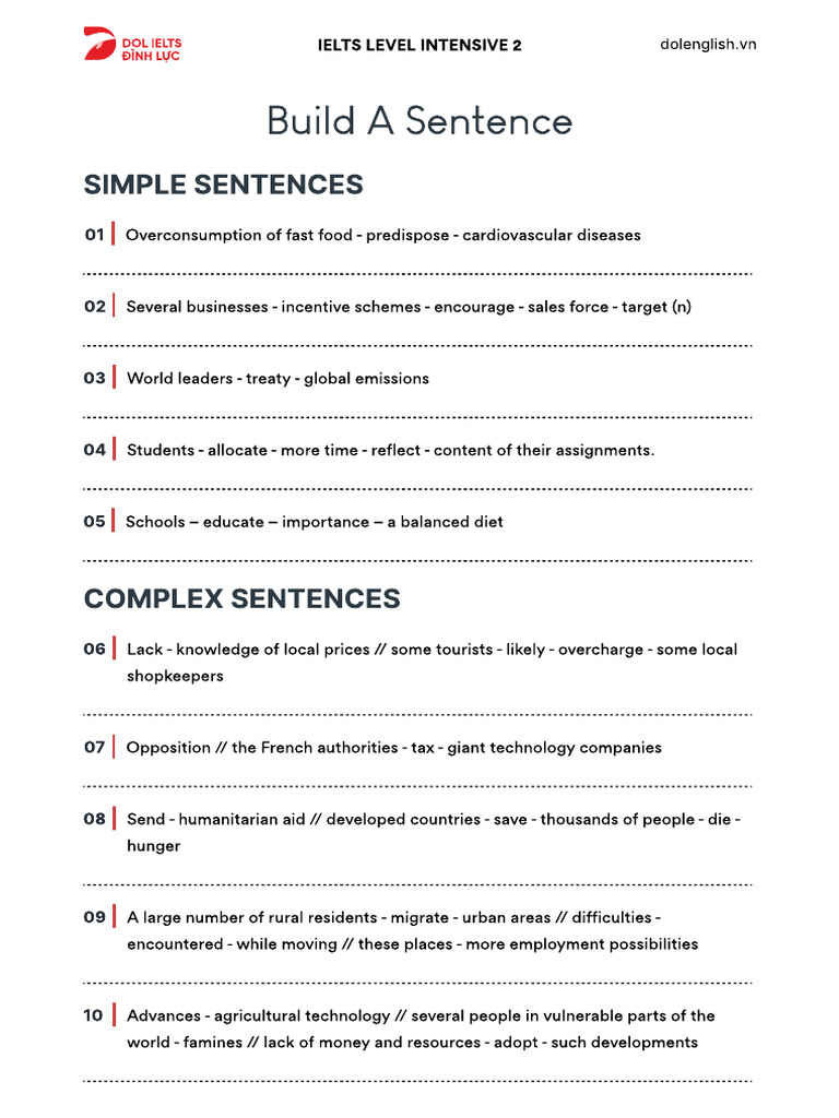 Level INTENSIVE 2 - 01 Write Sentences | PDF