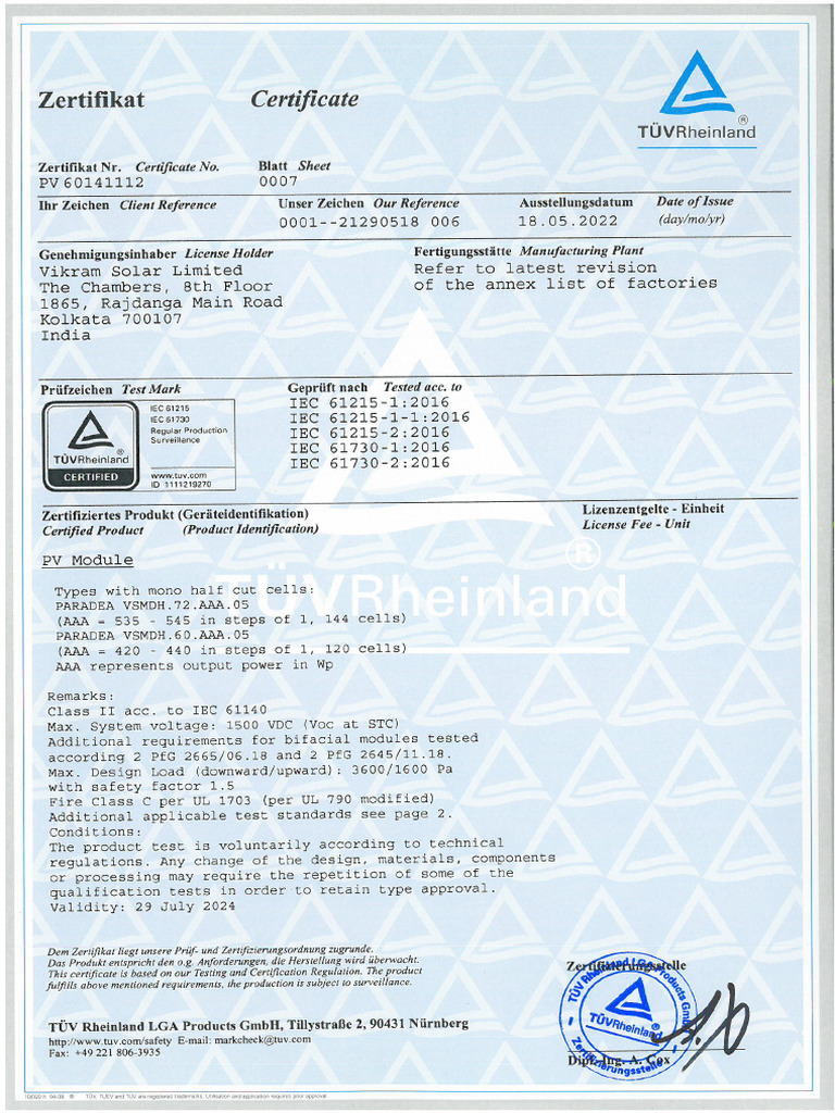 IEC Certificate - 61215 - 61730 - 545WP | PDF