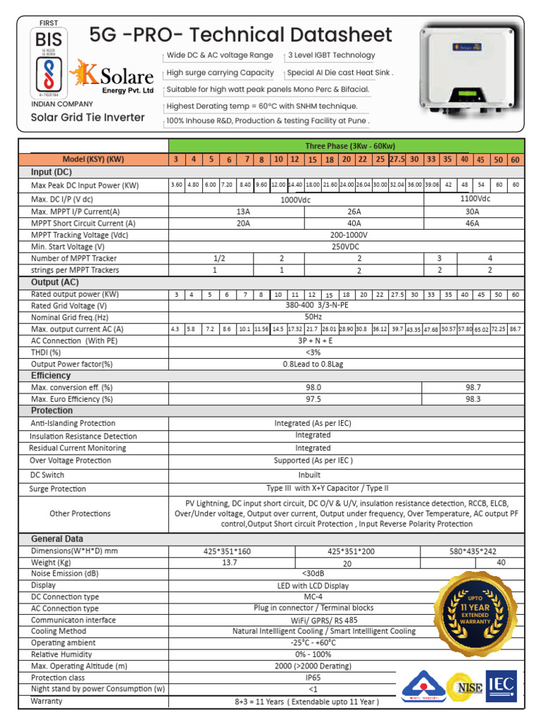 5G-PRO Three Ph. 4kw-60kw Data Sheet | PDF