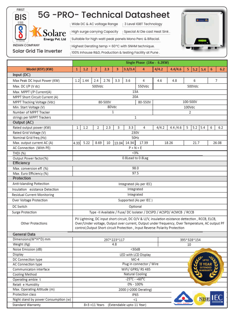 5G-PRO Single Phase 1kw-6.2kw Data Sheet | PDF