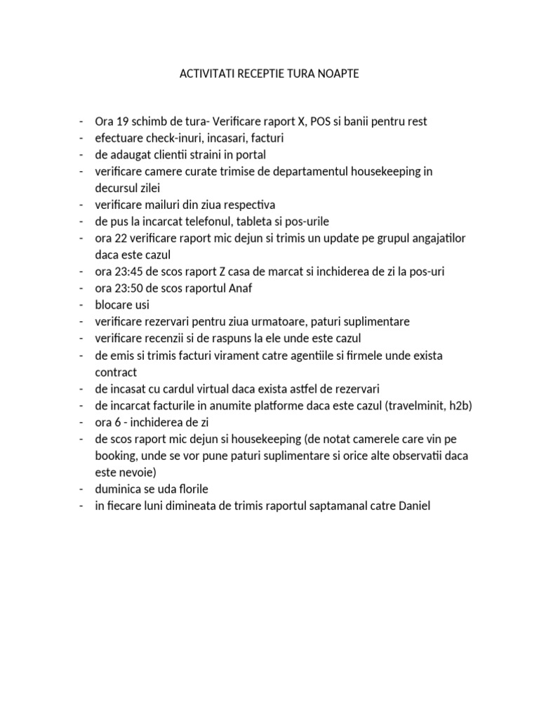 Activitati Receptie Tura Noapte | PDF