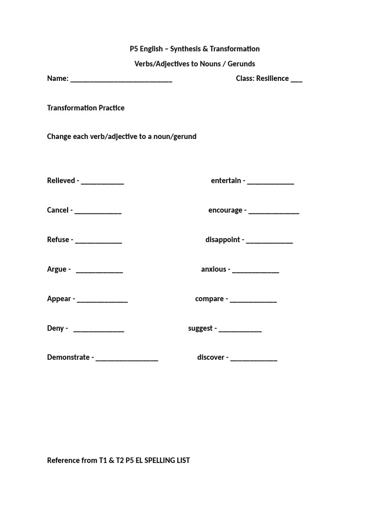 P5 English - Synthesis & Transformation (TRANSFORMATION) | PDF