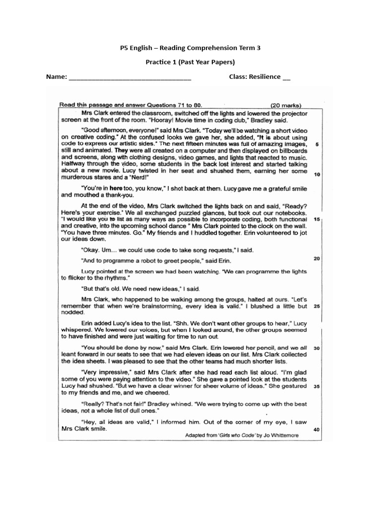 P5 English - Reading Comprehension Term 3 Practice 1 | PDF