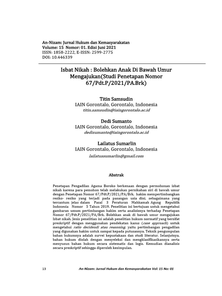Isbat Nikah: Bolehkan Anak Di Bawah Umur Mengajukan (Studi Penetapan Nomor 67/Pdt.P/2021/PA ...