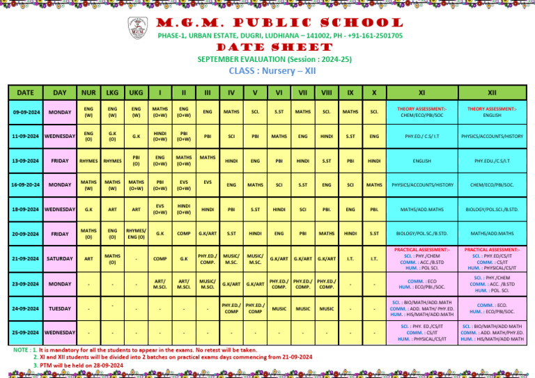 DATE-SHEET September Evaluation (Session 2024-25) | PDF