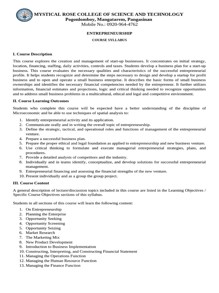 Entrepreneurship Course Syllabus | PDF