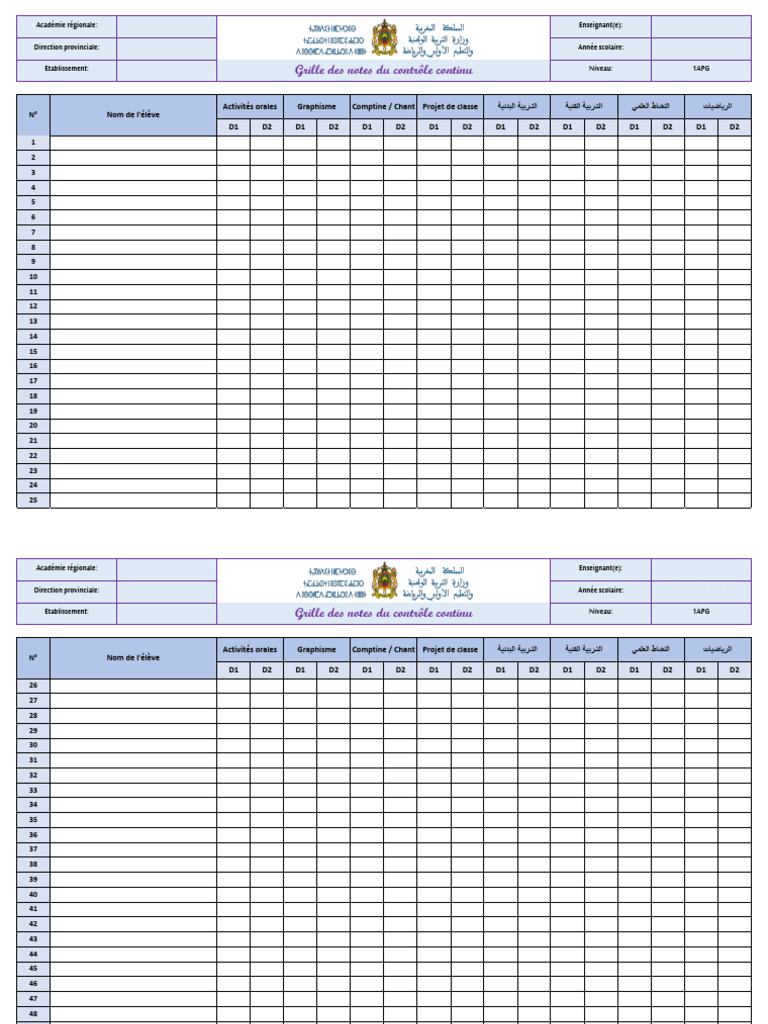 Grille de Notes - 1 - FRANCAIS | PDF