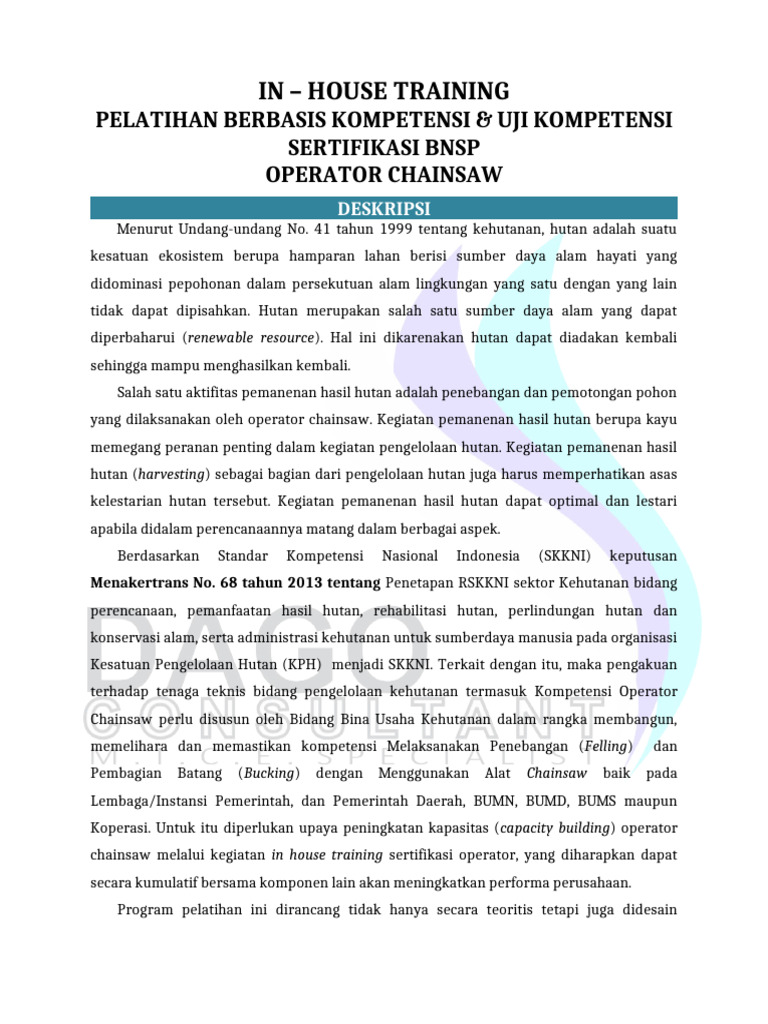 Kompetensi Sertifikasi BNSP Operator Chainsaw Pt. Weda Bay Nickel | PDF