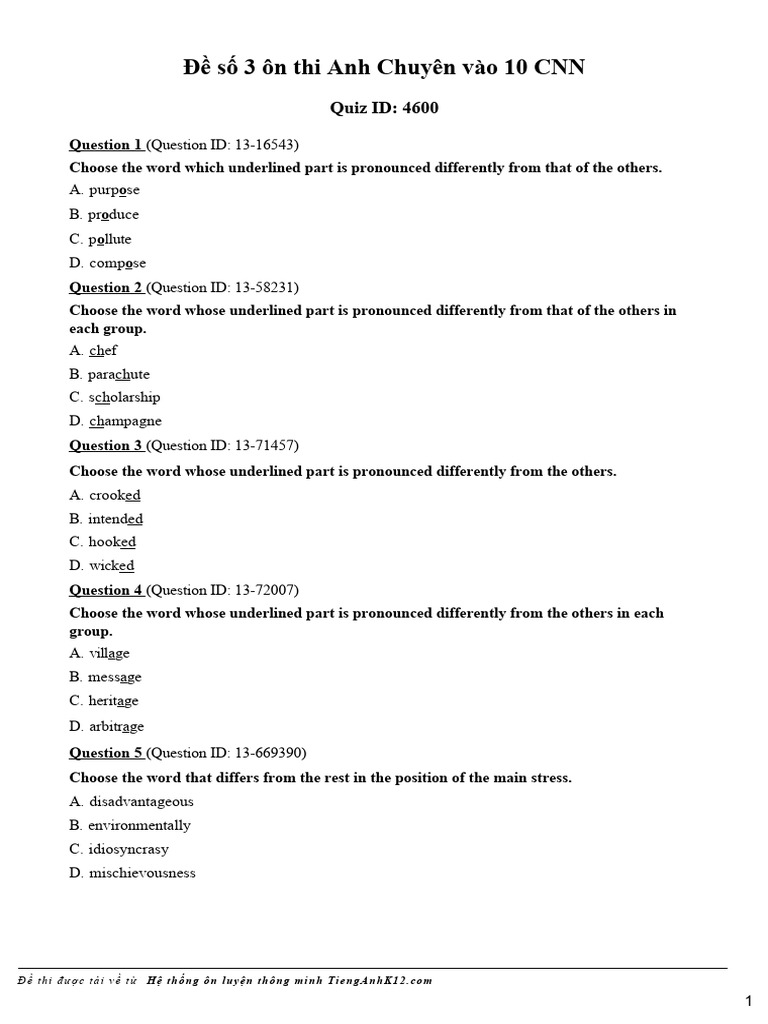 Quiz - 4600 - de So 3 On Thi Anh Chuyen Vao 10 CNN | PDF