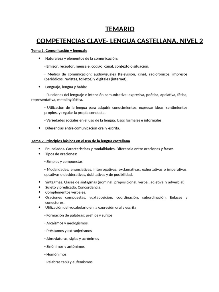 Temario Competencias Clave Lengua Nivel 2 | PDF | Comunicación | Oración (Lingüística)