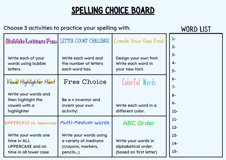 Spelling Choice Board Sample | PDF