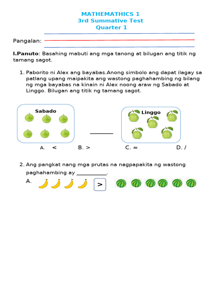 3rd Summative Test Math Q1 2024 2025 | PDF