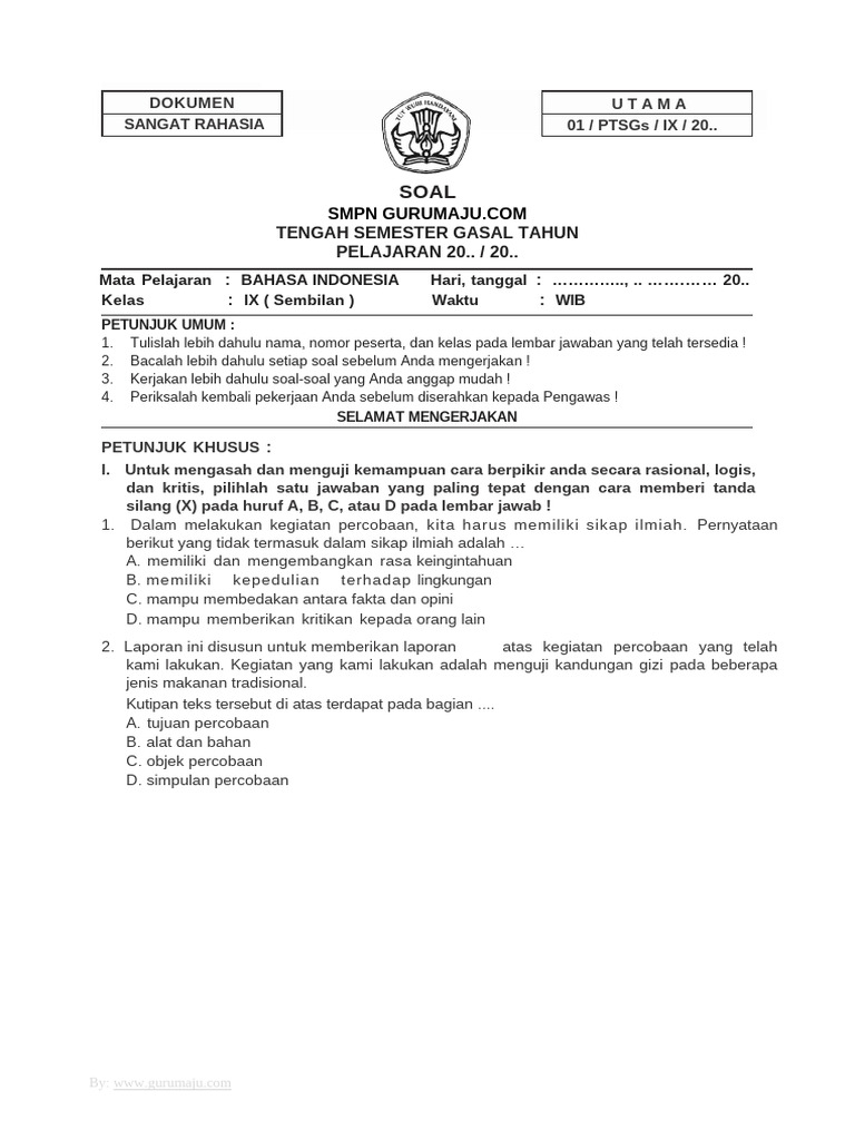 Soal PTS 1 B.Indonesia Kelas IX K13 | PDF