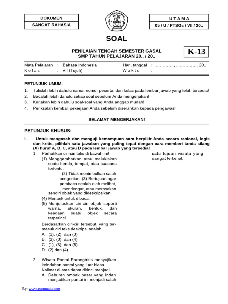 Soal PTS 1 B.Indonesia Kelas VII K13 | PDF