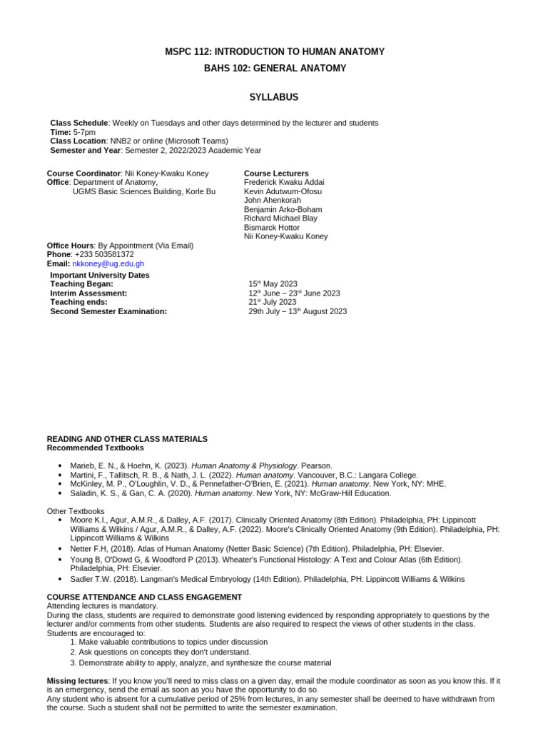 2023 MSPC 112 BAHS 102 Timetable | PDF | Anatomy | Science & Mathematics
