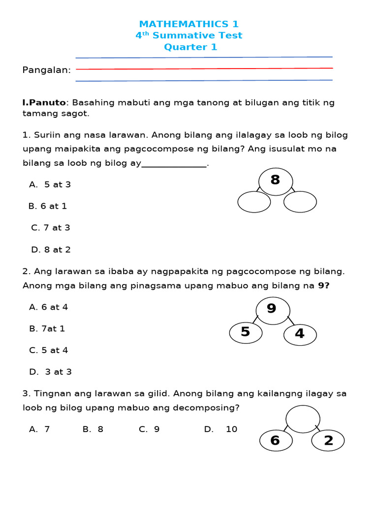 4th Summative Test Math Q1 2024 2025 | PDF